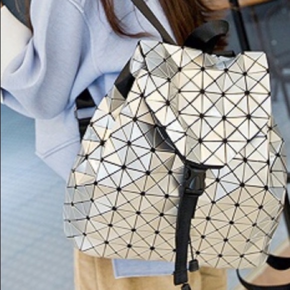 Bags | Geometric Black Patent Leather Like Backpack | Poshmark